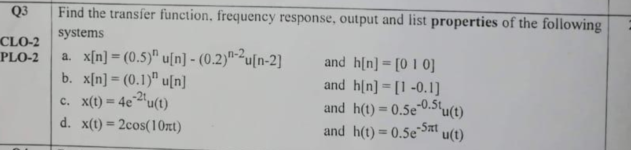 Solved Find the transfer function, frequency response, | Chegg.com