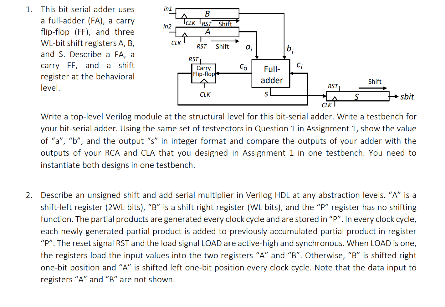 1. This bit-serial adder uses a full-adder (FA), a | Chegg.com