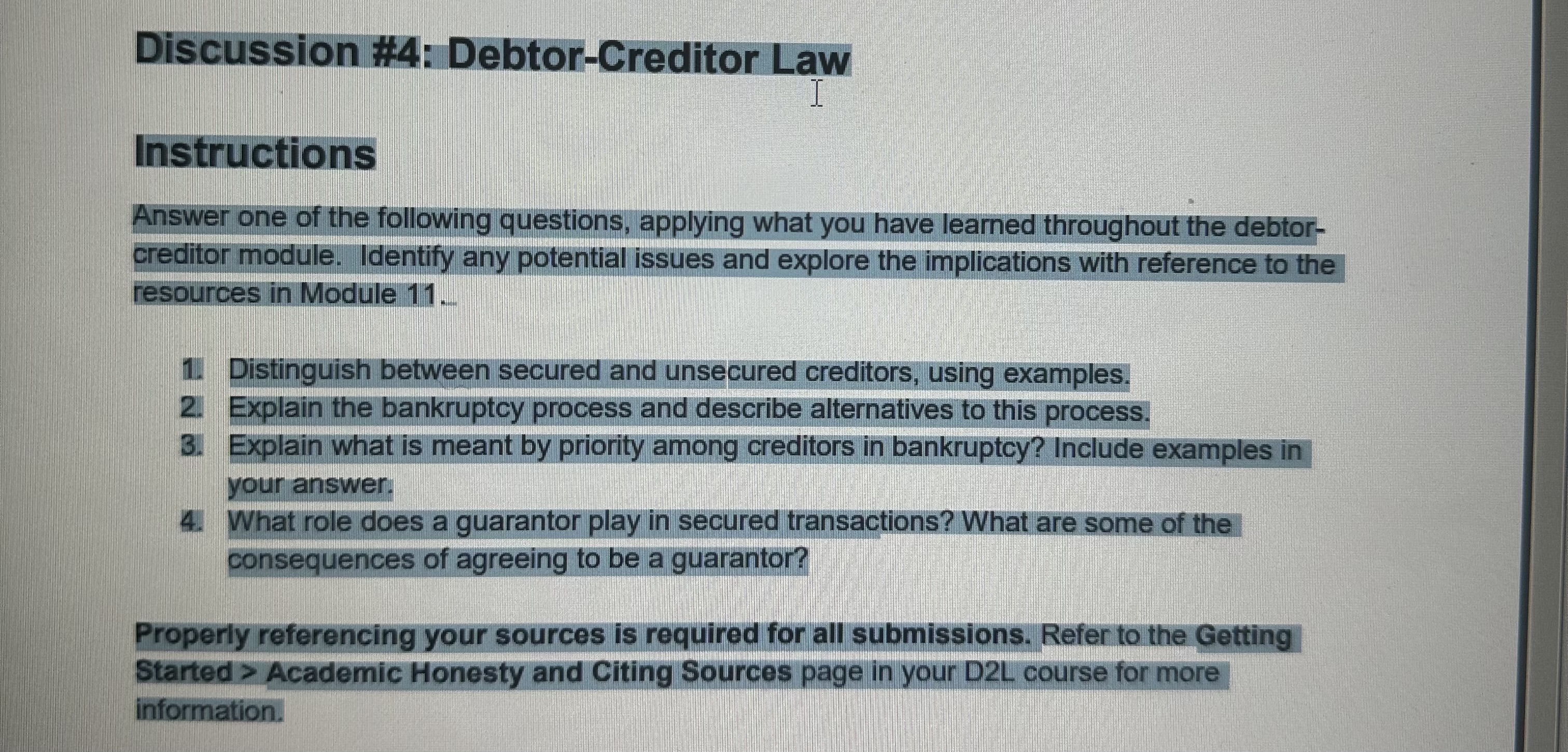Solved Discussion \#4: Debtor-Creditor Law Instructions | Chegg.com