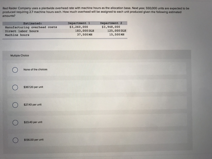 Solved Red Raider Company uses a plantwide overhead rate | Chegg.com