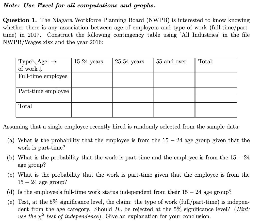 Note: Use Excel for all computations and graphs. | Chegg.com