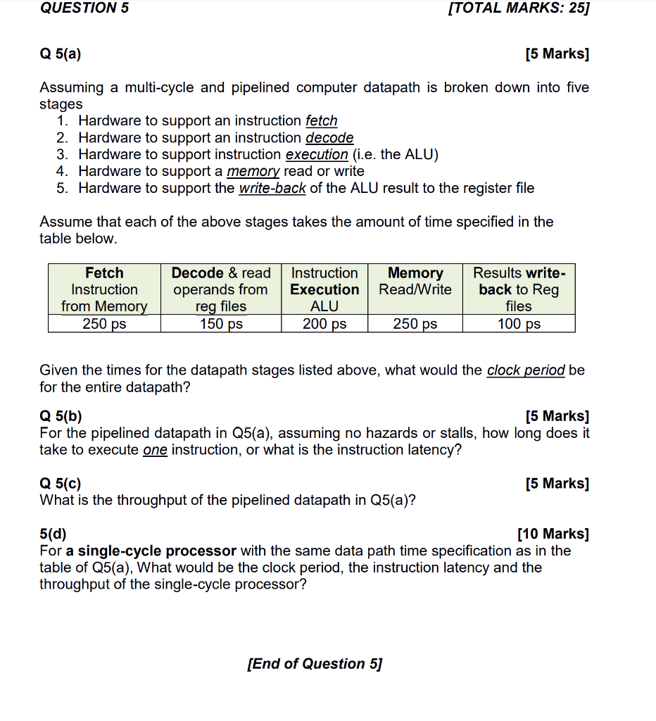 Solved Q 5(a) [5 Marks] Assuming a multi-cycle and pipelined | Chegg.com