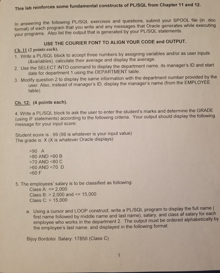 Solved Write a PL/SQL block to the following questions. I | Chegg.com