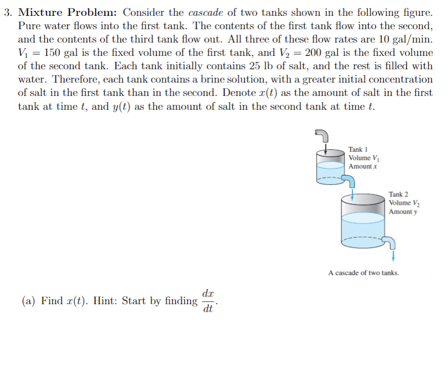 Solved 3. Mixture Problem: Consider the cascade of two tanks | Chegg.com