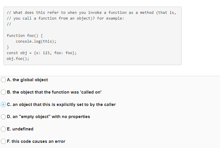 Solved // What does this refer to when you invoke a function | Chegg.com
