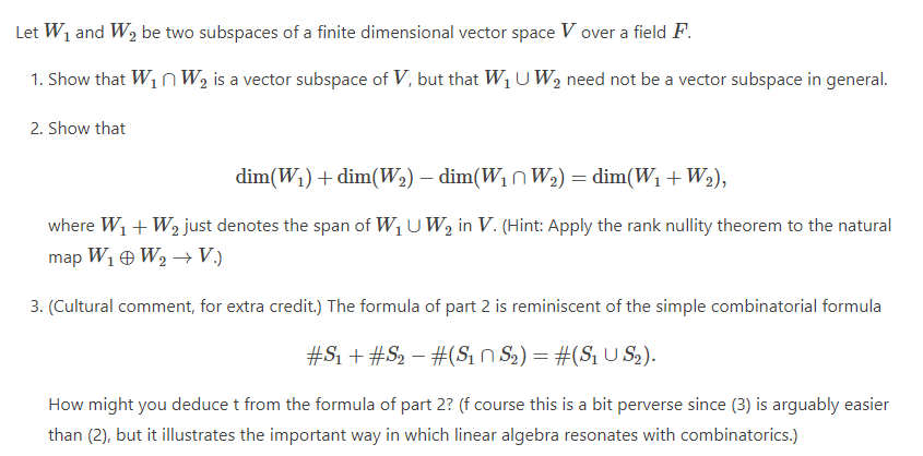 Solved Let W and W, be two subspaces of a finite dimensional | Chegg.com