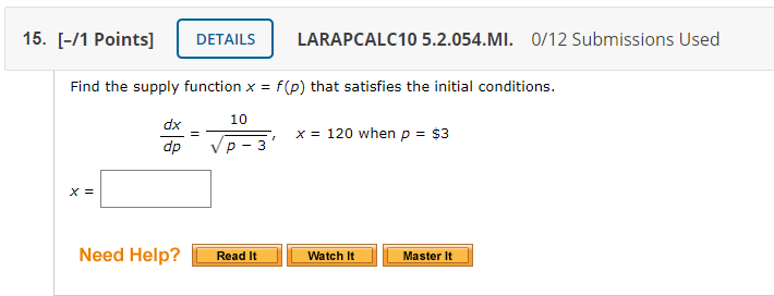 Solved 15. [-/1 Points) DETAILS LARAPCALC10 5.2.054.MI. 0/12 | Chegg.com Solved 15. [-/1 Points) DETAILS LARAPCALC10 5.2.054.MI. 0/12 | Chegg.com