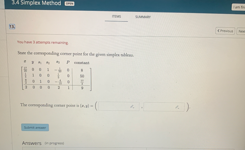 Solved 34 Simplex Method Open I Am Fin Items Summary 13 