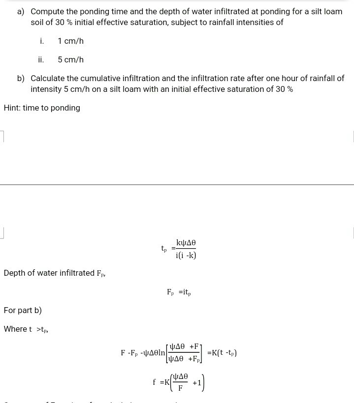 Solved a) Compute the ponding time and the depth of water | Chegg.com
