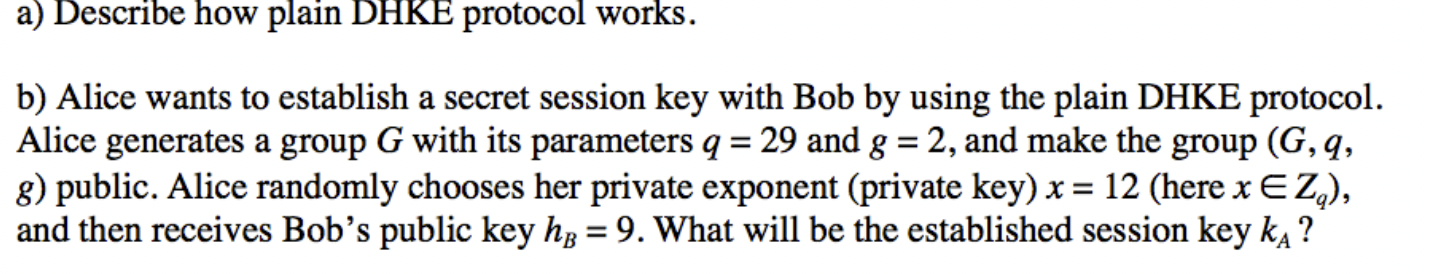 Solved a) Describe how plain DHKE protocol works. b) Alice | Chegg.com