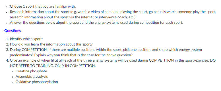 Solved . Choose 1 sport that you are familiar with. Research | Chegg.com