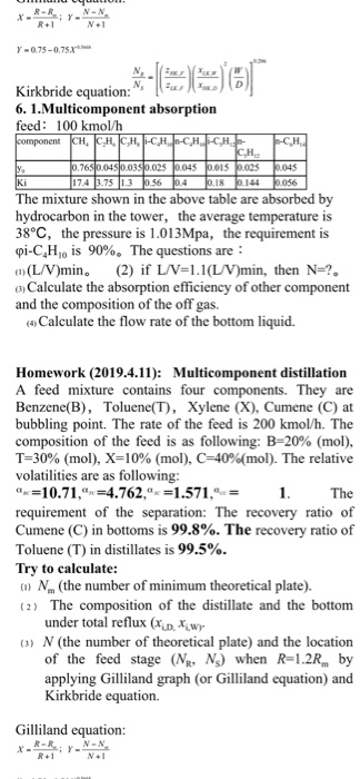 Gilliland equation: γー0.75-0.75X45- Kirkbride | Chegg.com
