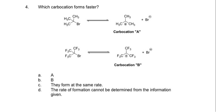 Solved 4. Which carbocation forms faster? CH3 CH3 + Br H3C | Chegg.com