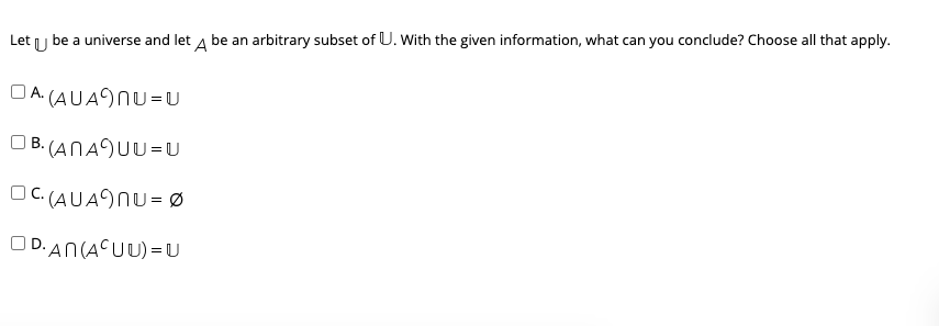 Solved Let u be a universe and let A be an arbitrary subset | Chegg.com