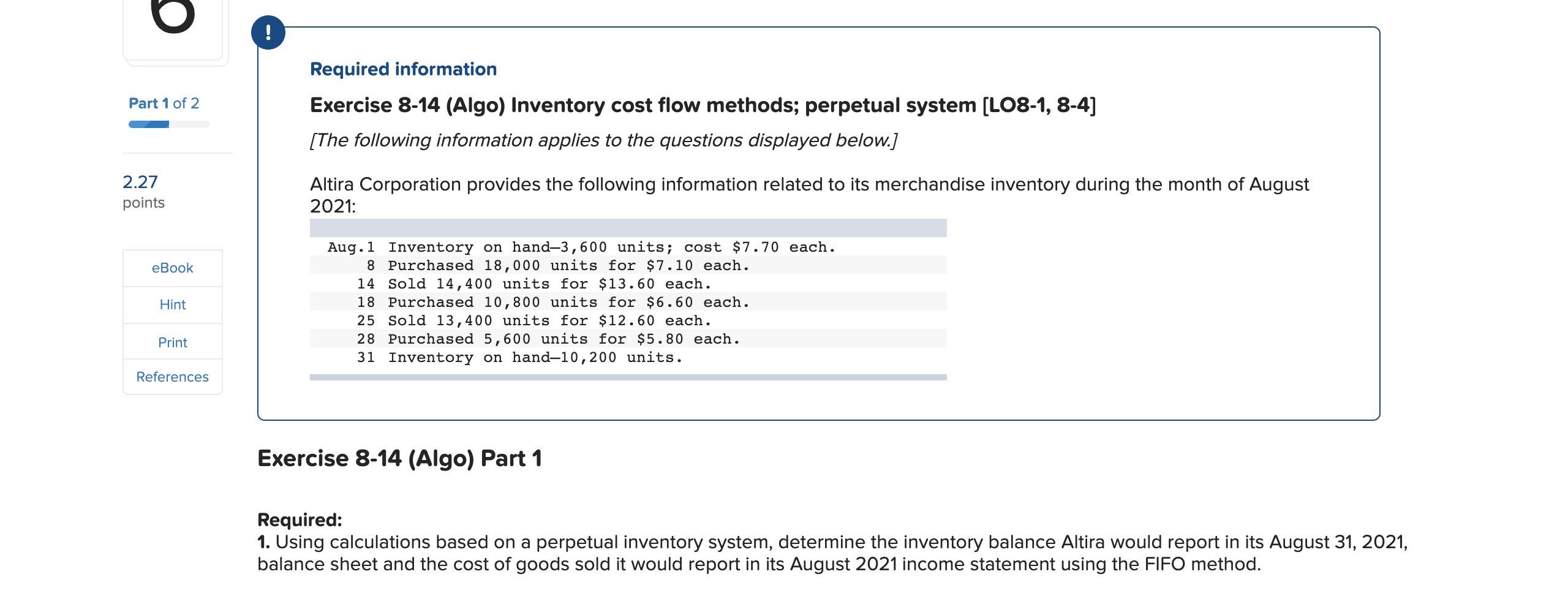 Solved Part 1 of 2 Required information Exercise 8-14 (Algo) | Chegg.com