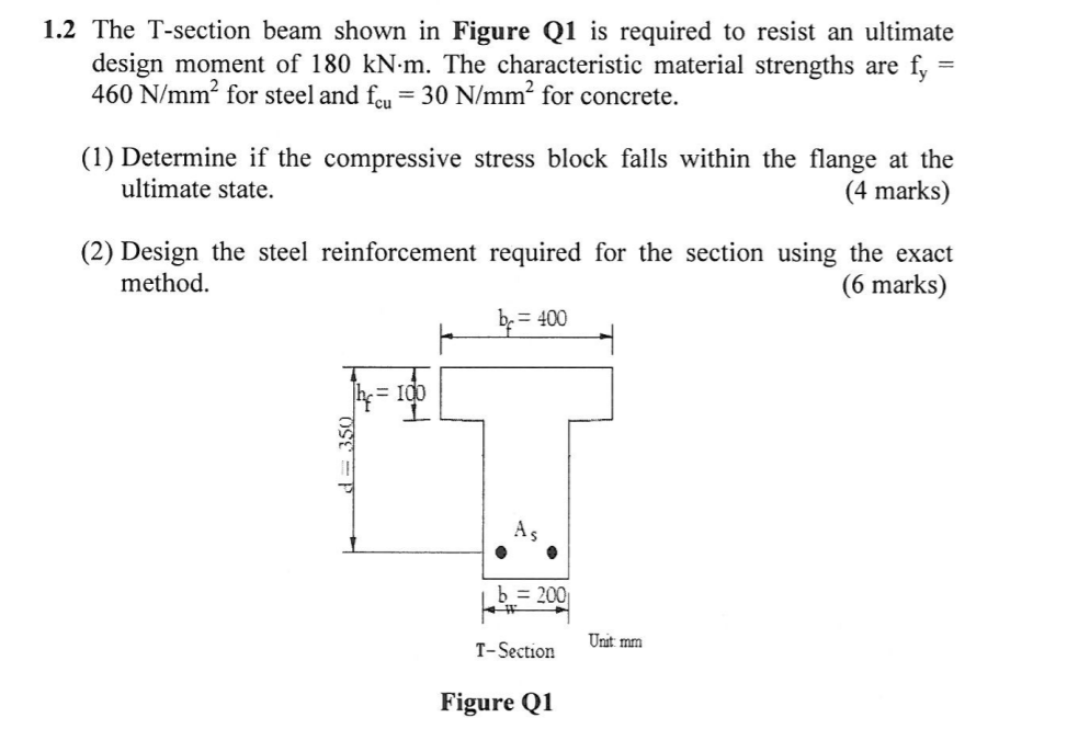 Solved 1.2 The T-section beam shown in Figure Q1 is required | Chegg.com