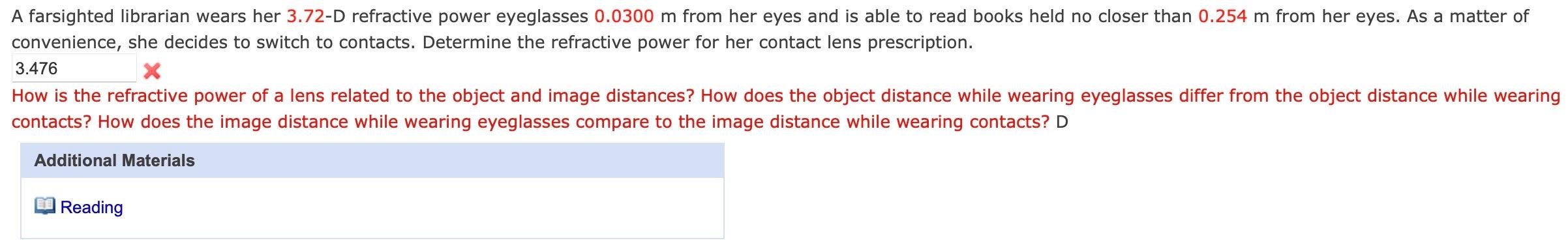 Solved A farsighted librarian wears her 3.72 -D refractive | Chegg.com