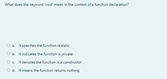 Solved What does the keyword 'void' mean in the context of a | Chegg.com