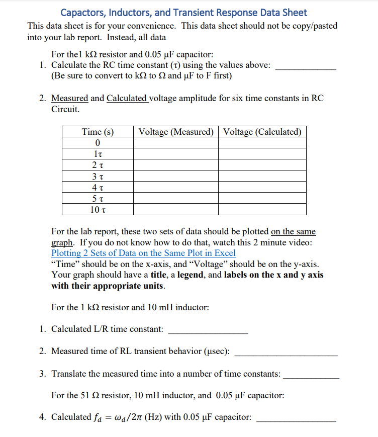 Solved Capactors, Inductors, and Transient Response Data | Chegg.com
