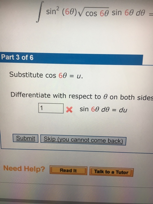Solved sin2 (60) V cos 6 sin 69 de Part 3 of 6 Substitute | Chegg.com