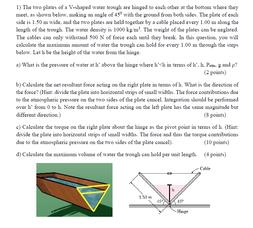 Solved 1) The two plates of a V-shaped water trough are | Chegg.com