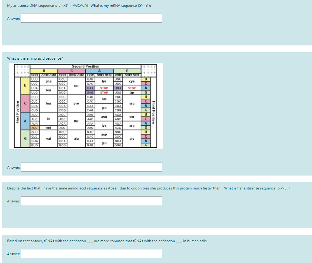 My antisense DNA sequence is 5'->3' TTAGCACAT. What | Chegg.com