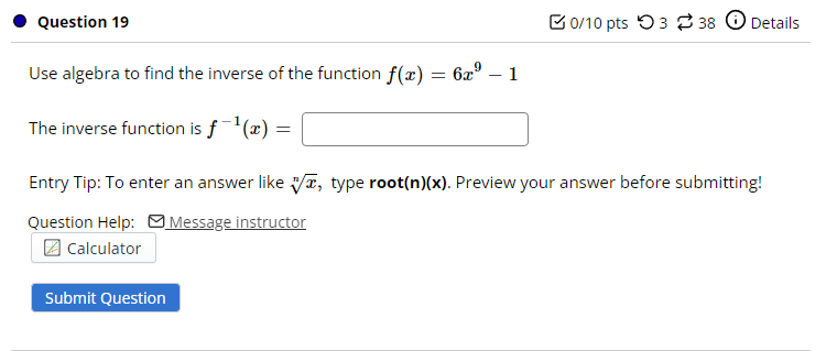 Solved Use algebra to find the inverse of the function | Chegg.com