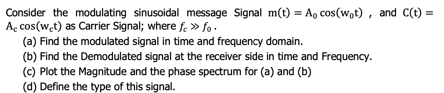 Solved Consider the modulating sinusoidal message Signal | Chegg.com