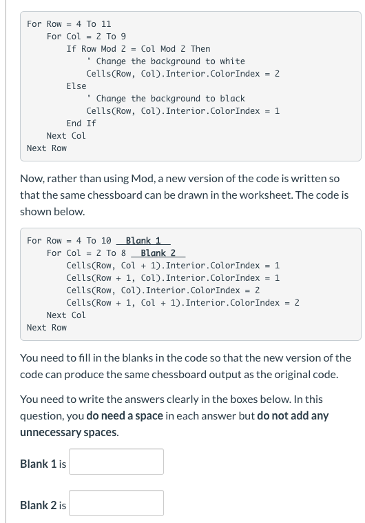 Solved For Row = 4 To 11 For Col = 2 To 9 If Row Mod 2 = Col | Chegg.com