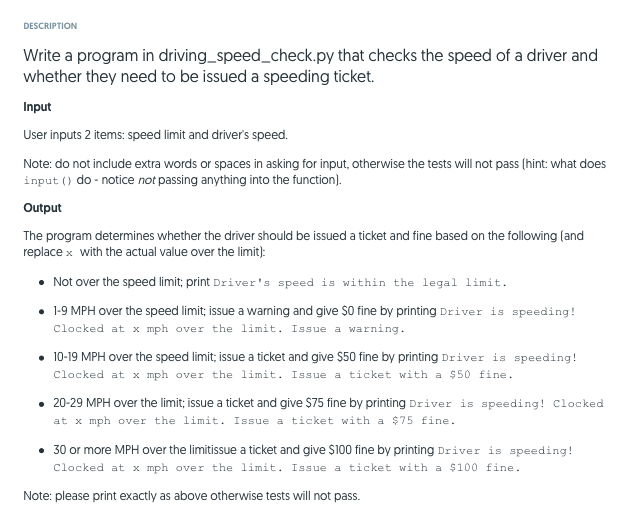 Solved DESCRIPTION Write a program in driving_speed_check.py | Chegg.com