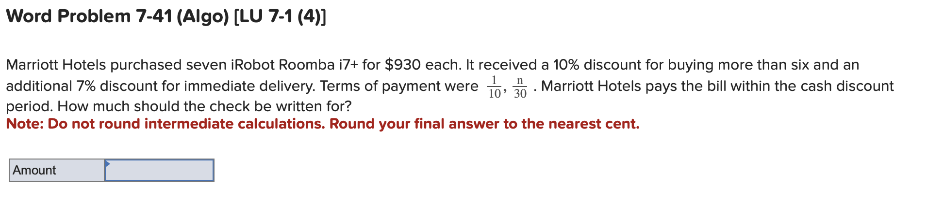 Solved Word Problem 7-41 (Algo) [LU 7-1 (4)]Marriott Hotels | Chegg.com