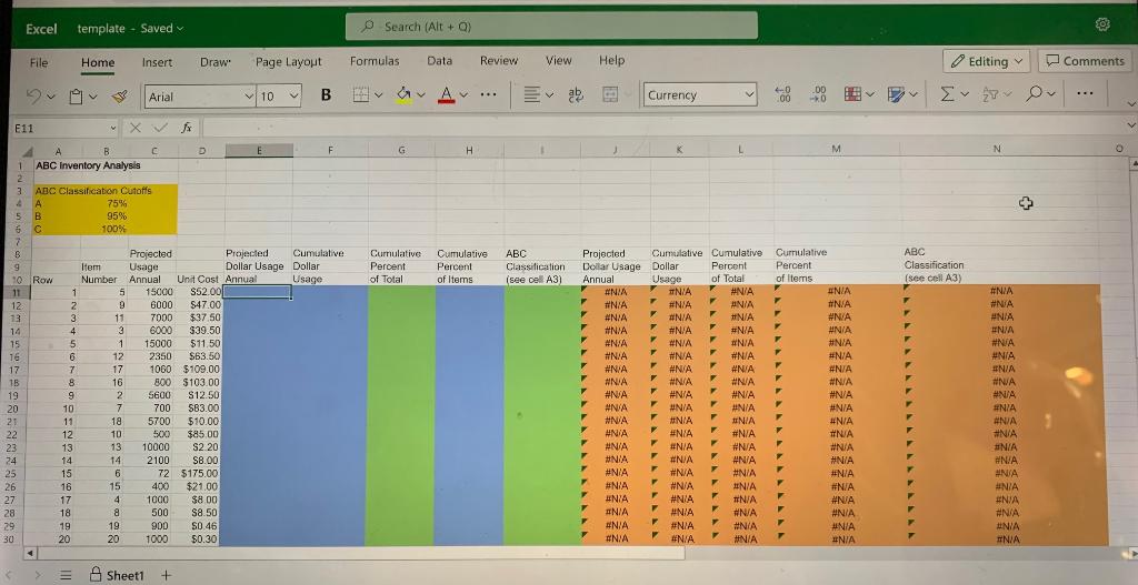 Excel Online Activity: ABC The data for 20 | Chegg.com