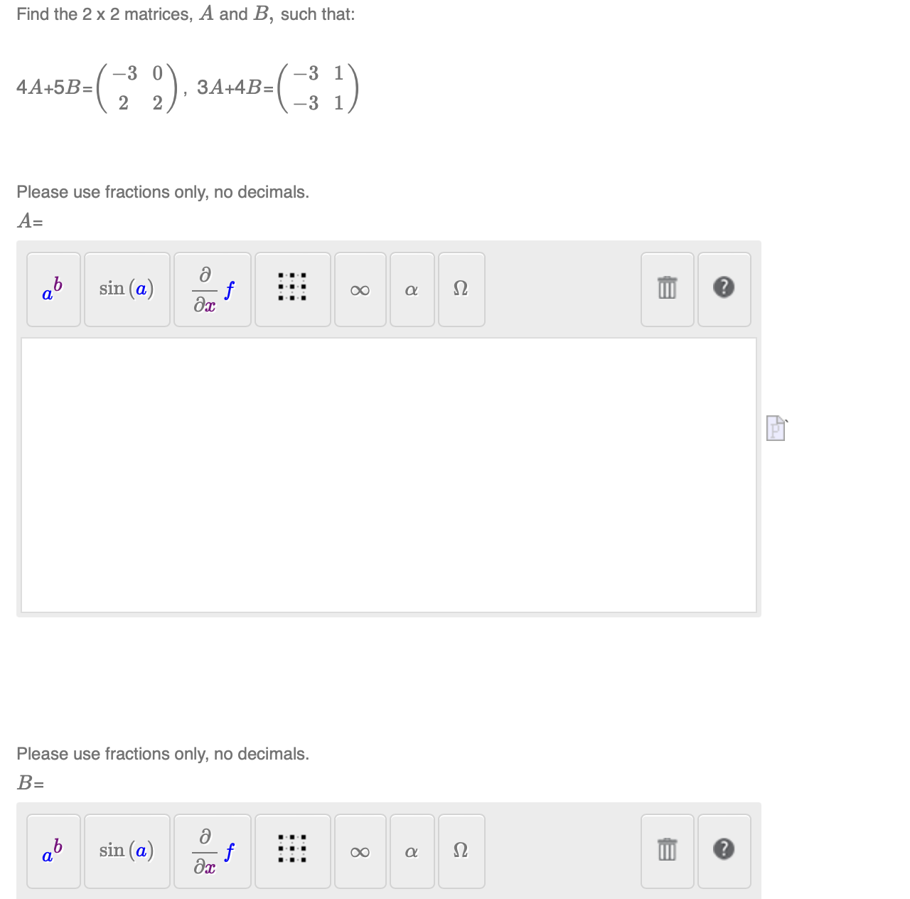 Solved Find the 2×2 ﻿matrices, A and B, ﻿such | Chegg.com