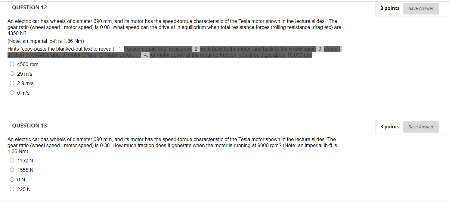 Solved QUESTION 12 3 points Save Answer An electric car has | Chegg.com