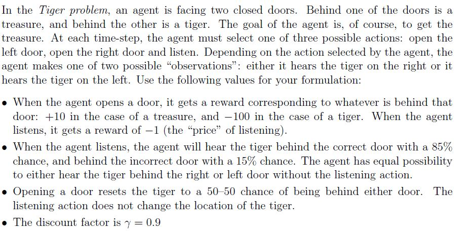 In the Tiger problem, an agent is facing two closed | Chegg.com