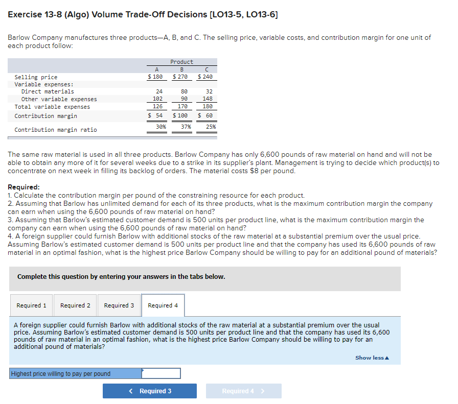 Solved Exercise 13-8 (Algo) Volume Trade-Off Decisions | Chegg.com