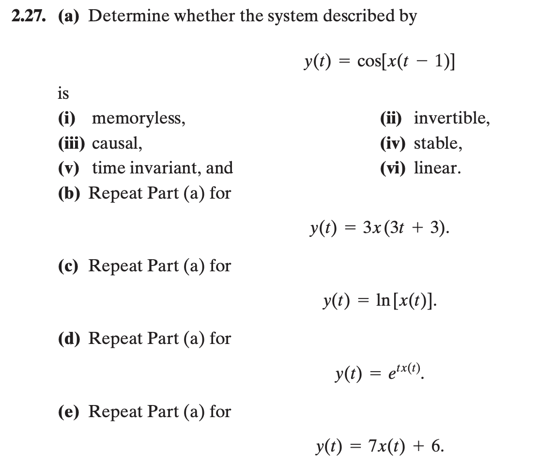 Solved 2.27. (a) Determine whether the system described by | Chegg.com
