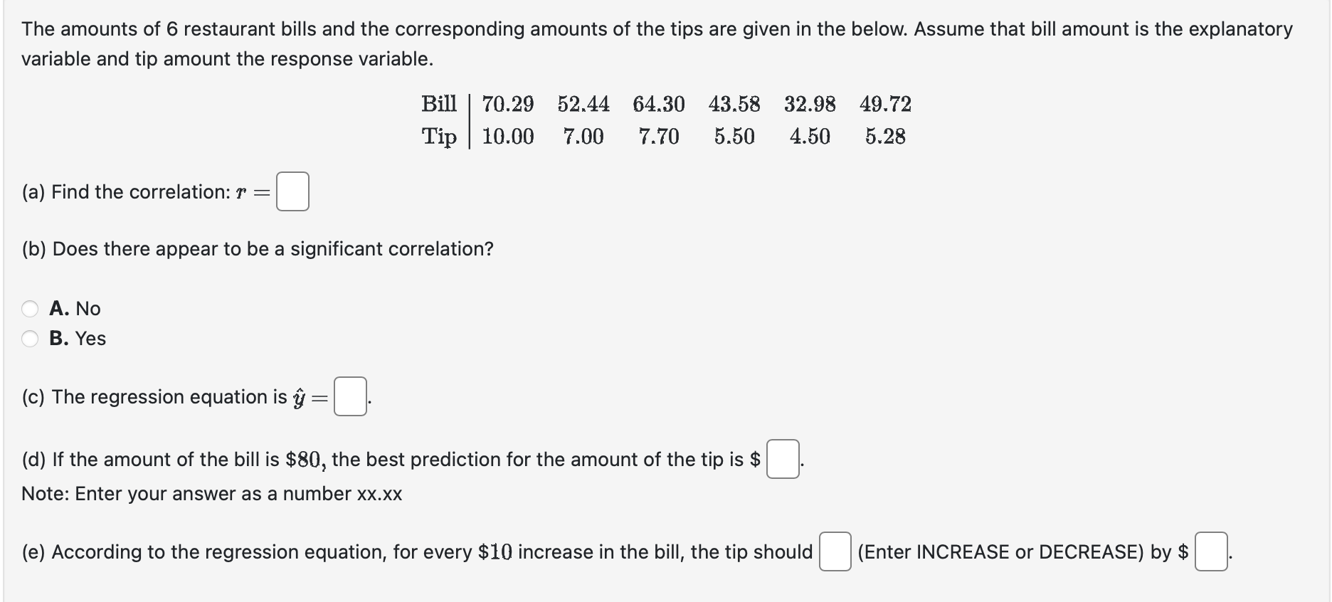 Solved The amounts of 6 restaurant bills and the | Chegg.com