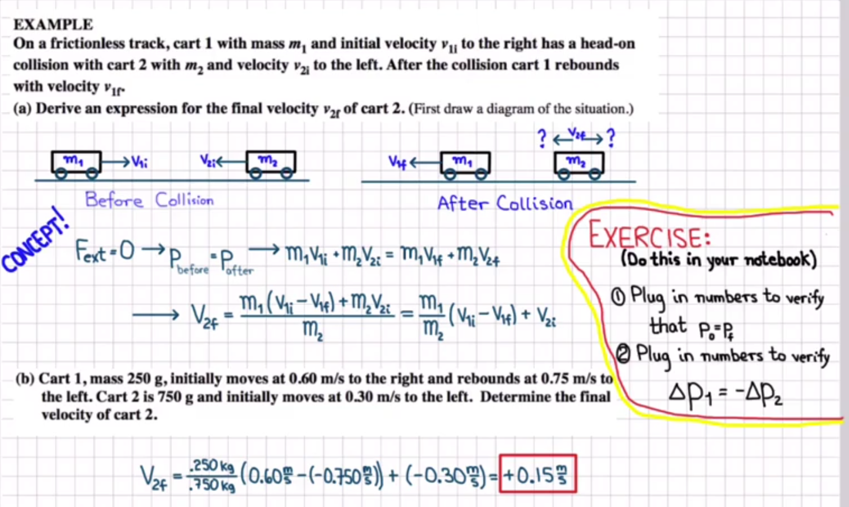 Solved EXAMPLE On a frictionless track, cart 1 with mass m, | Chegg.com