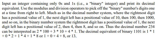 Solved Input an integer containing only Os and is (i.e., a | Chegg.com