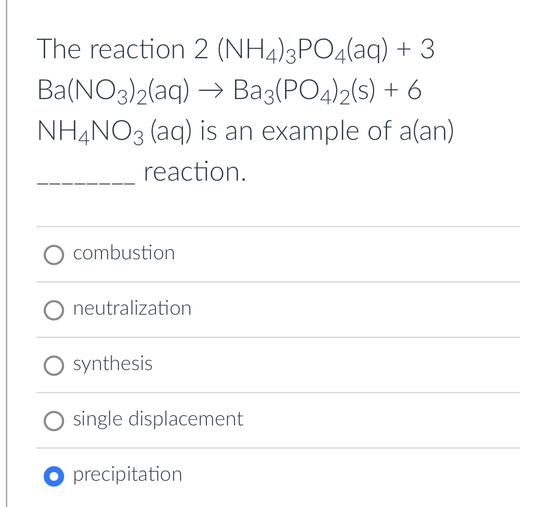 Solved The reaction 2 (NH4)3PO4(aq) + 3 Ba(NO3)2(aq) → | Chegg.com