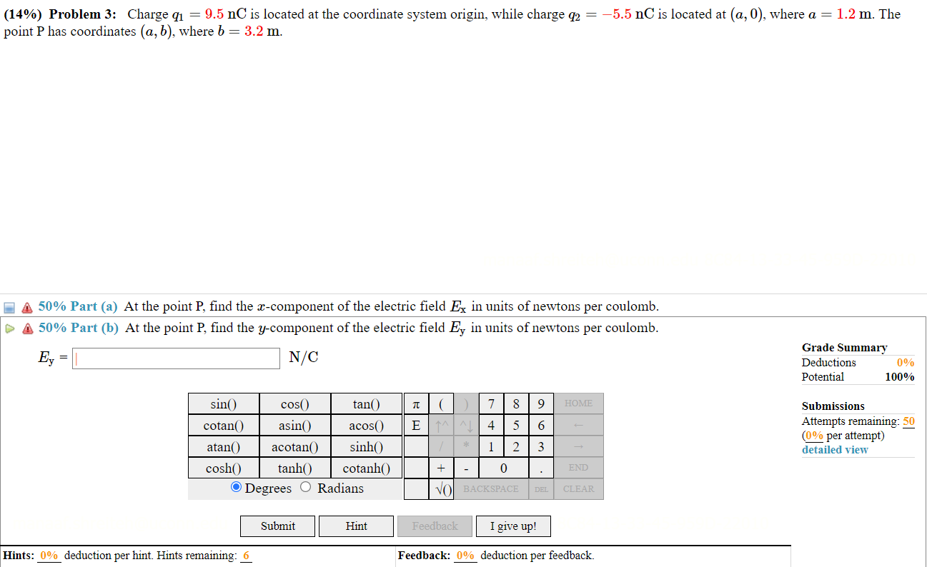 Solved (14\%) Problem 3: Charge q1=9.5nC is located at the | Chegg.com