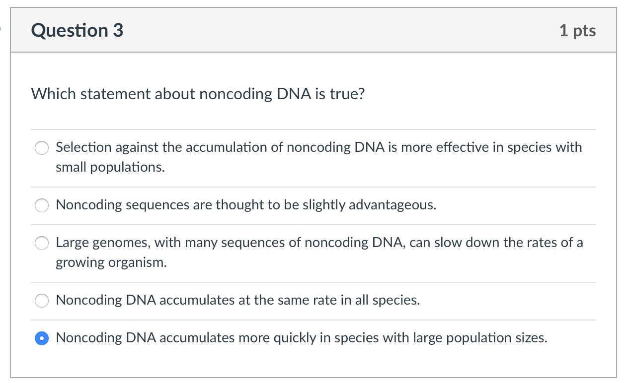 Solved Question 3 1 pts Which statement about noncoding DNA | Chegg.com