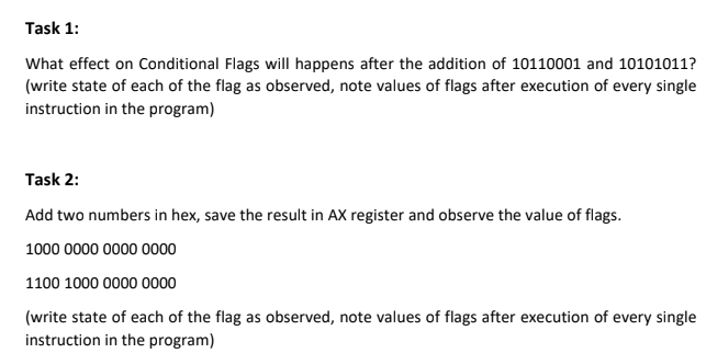 Solved Task 1: What effect on Conditional Flags will happens | Chegg.com