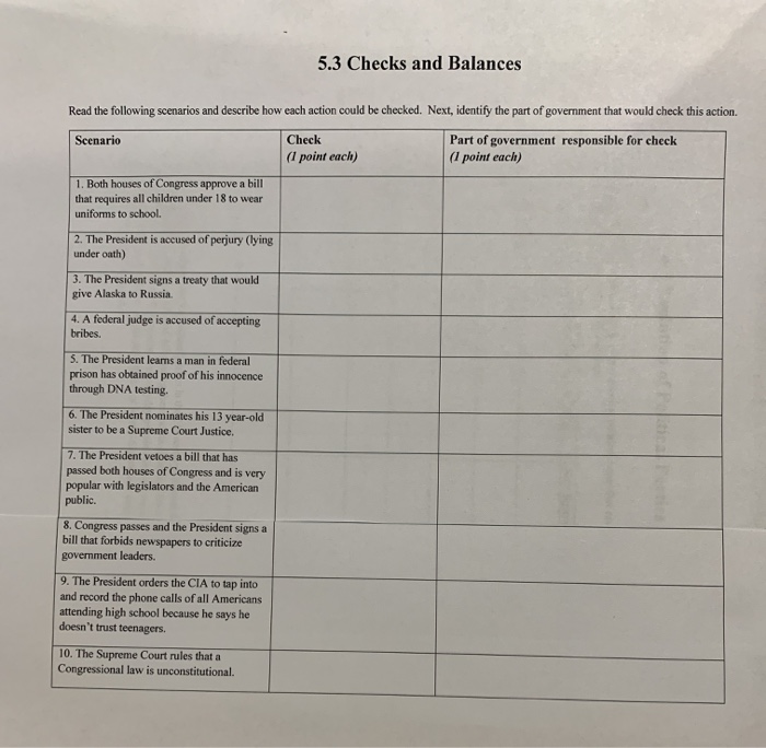 Checks And Balances Worksheet