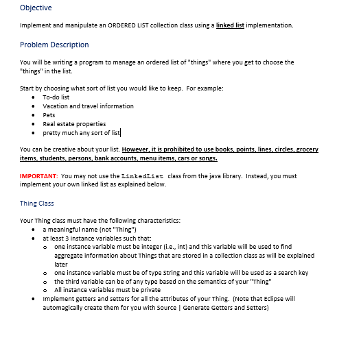 Objective Implement and manipulate an ORDERED LIST | Chegg.com