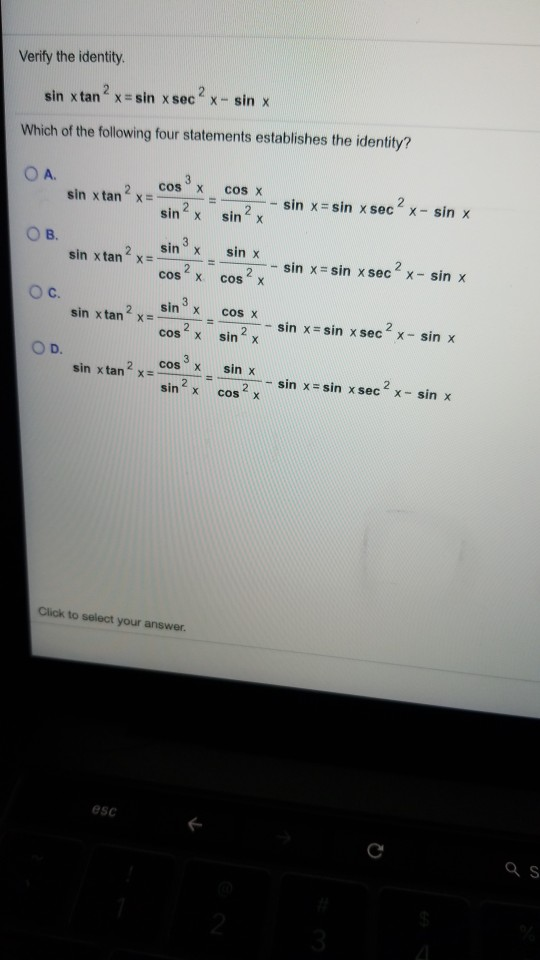 Solved Verify the identity. sin x tanx= sin x sec? - sin x | Chegg.com