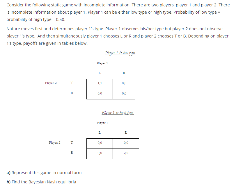 Solved Consider the following static game with incomplete | Chegg.com