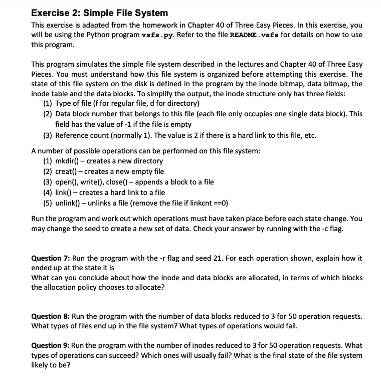 Exercise 2: Simple File System This exercise is | Chegg.com
