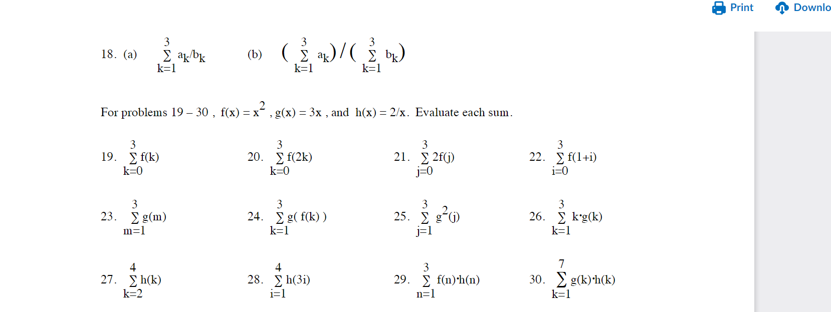 Solved 18. (a) ∑k=13ak/bk (b) (∑k=13ak)/(∑k=13 bk) For | Chegg.com